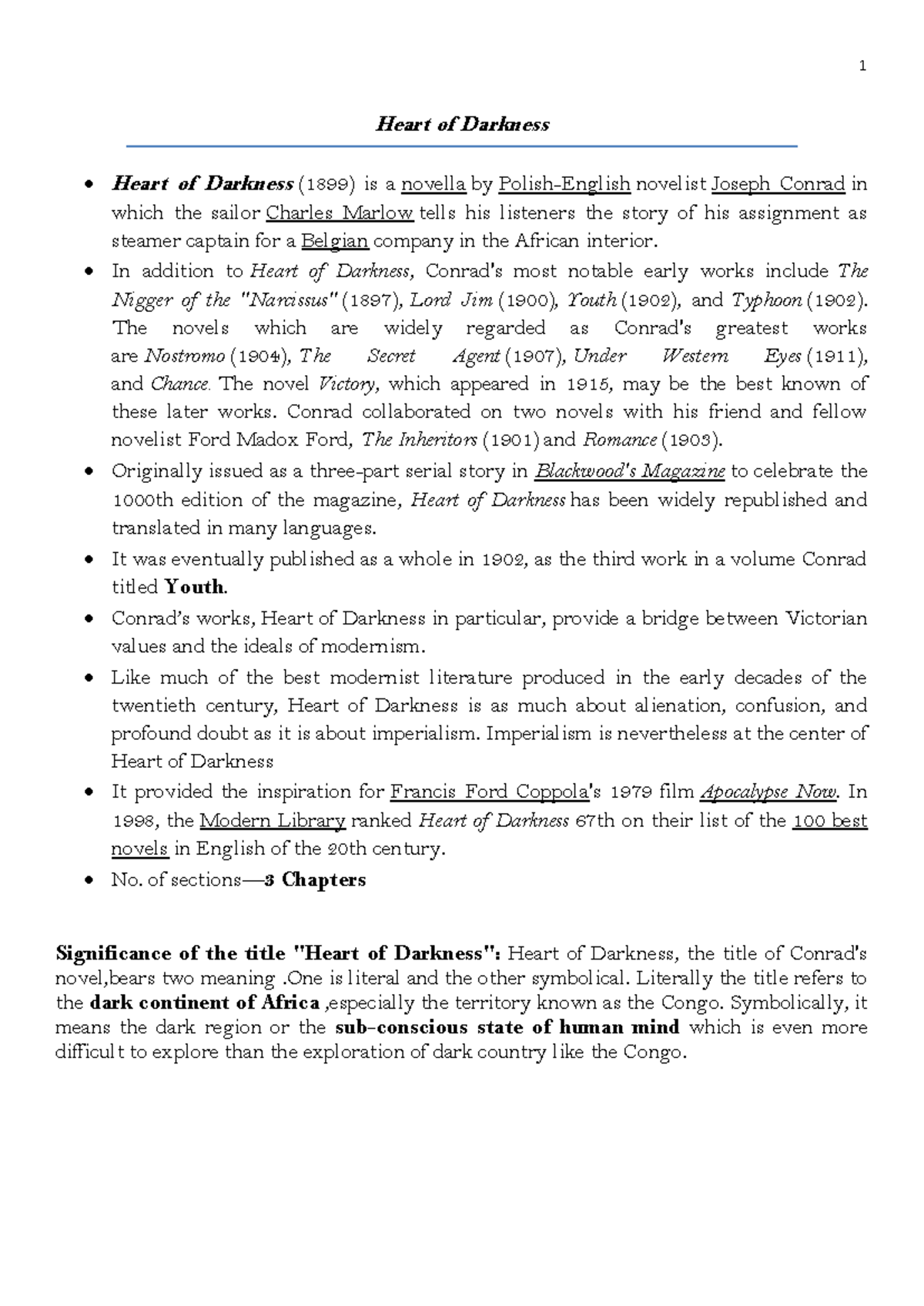 Critical analysis of the novel heart of darkness . summary and ...