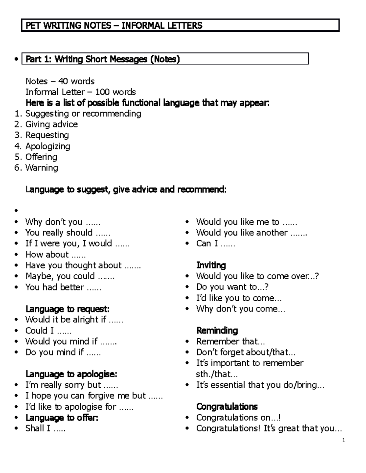 PET Writing Informal Letters - Samples - PET WRITING NOTES – INFORMAL ...