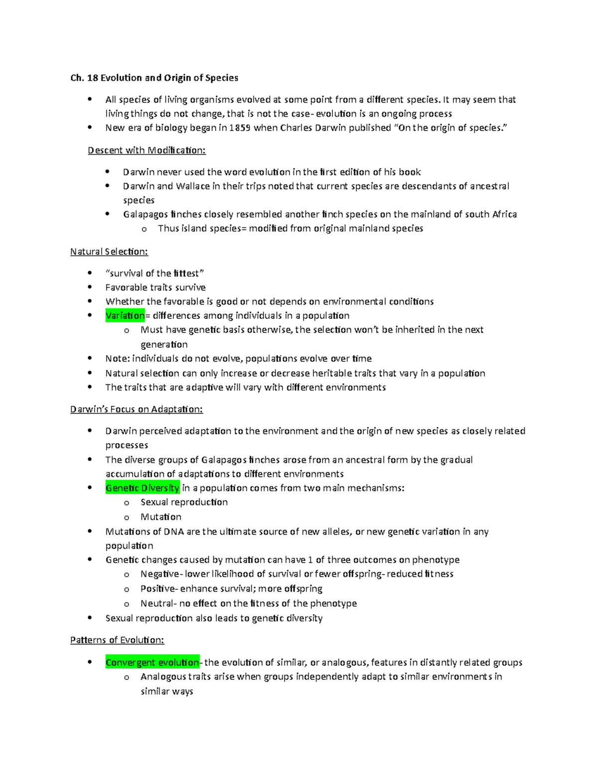 Chapter 18 Evolution - Ch. 18 Evolution and Origin of Species All species of living organisms ...