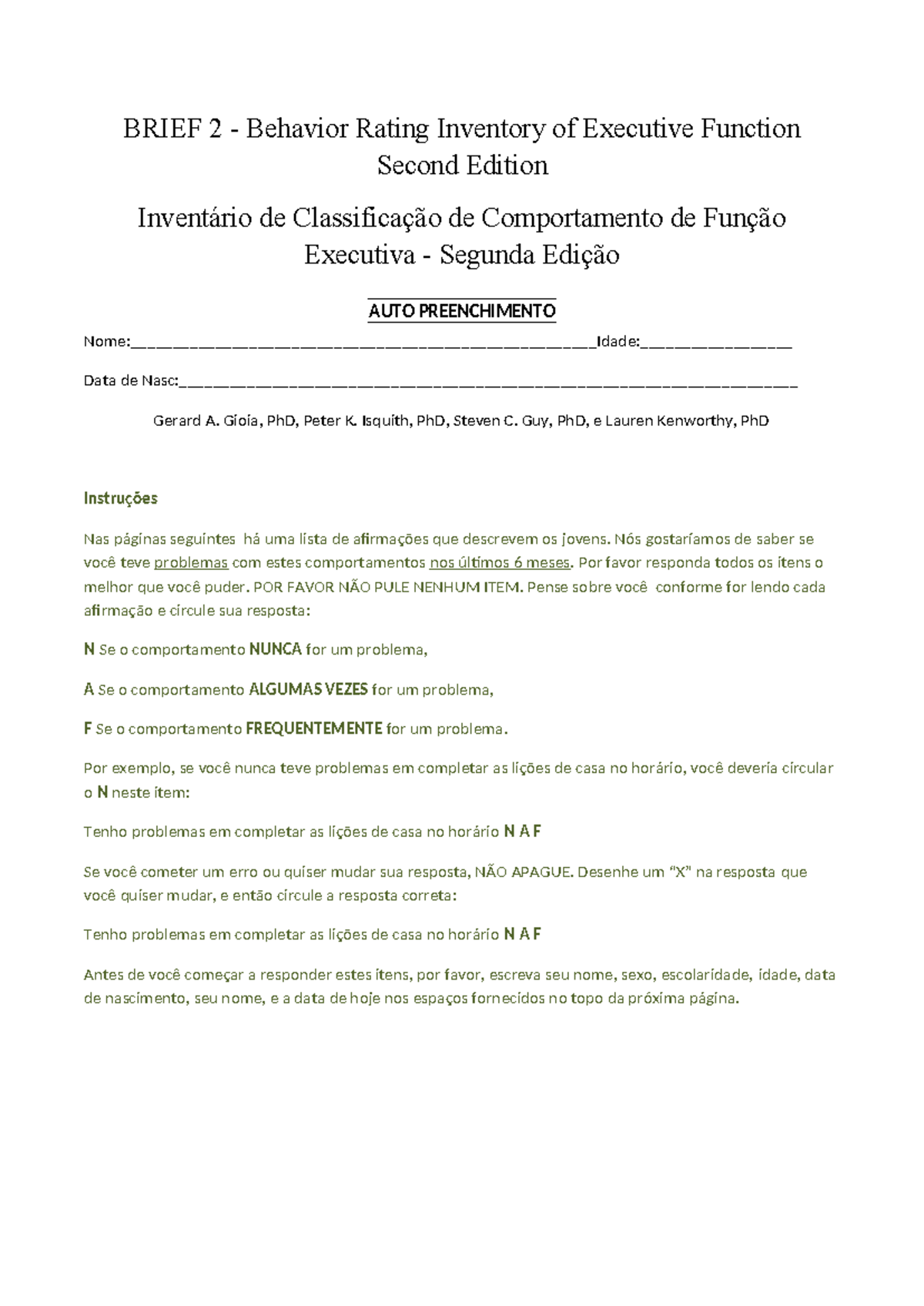 BRIEF 2 - Inventário de Comportamento da Função Executiva - Studocu