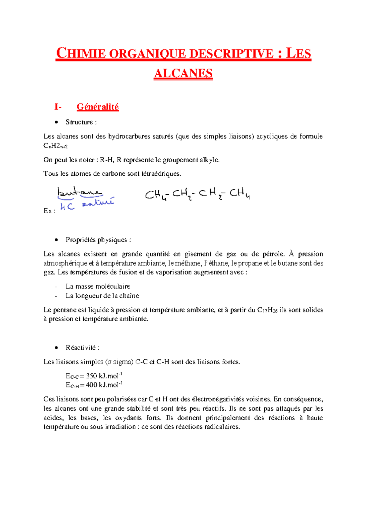 Chimie Organique : Les Alcanes et leurs Propriétés - CM101 - Studocu