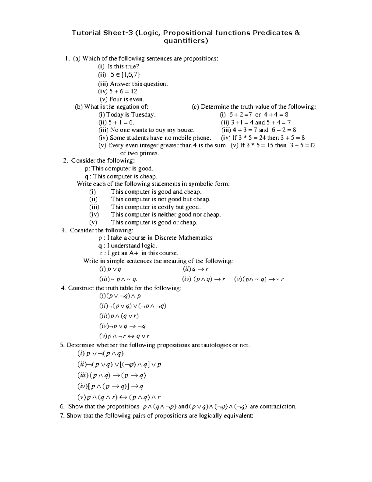 Practice Sheet 3 (Logic, Propositional Functions, Predicates) - Studocu