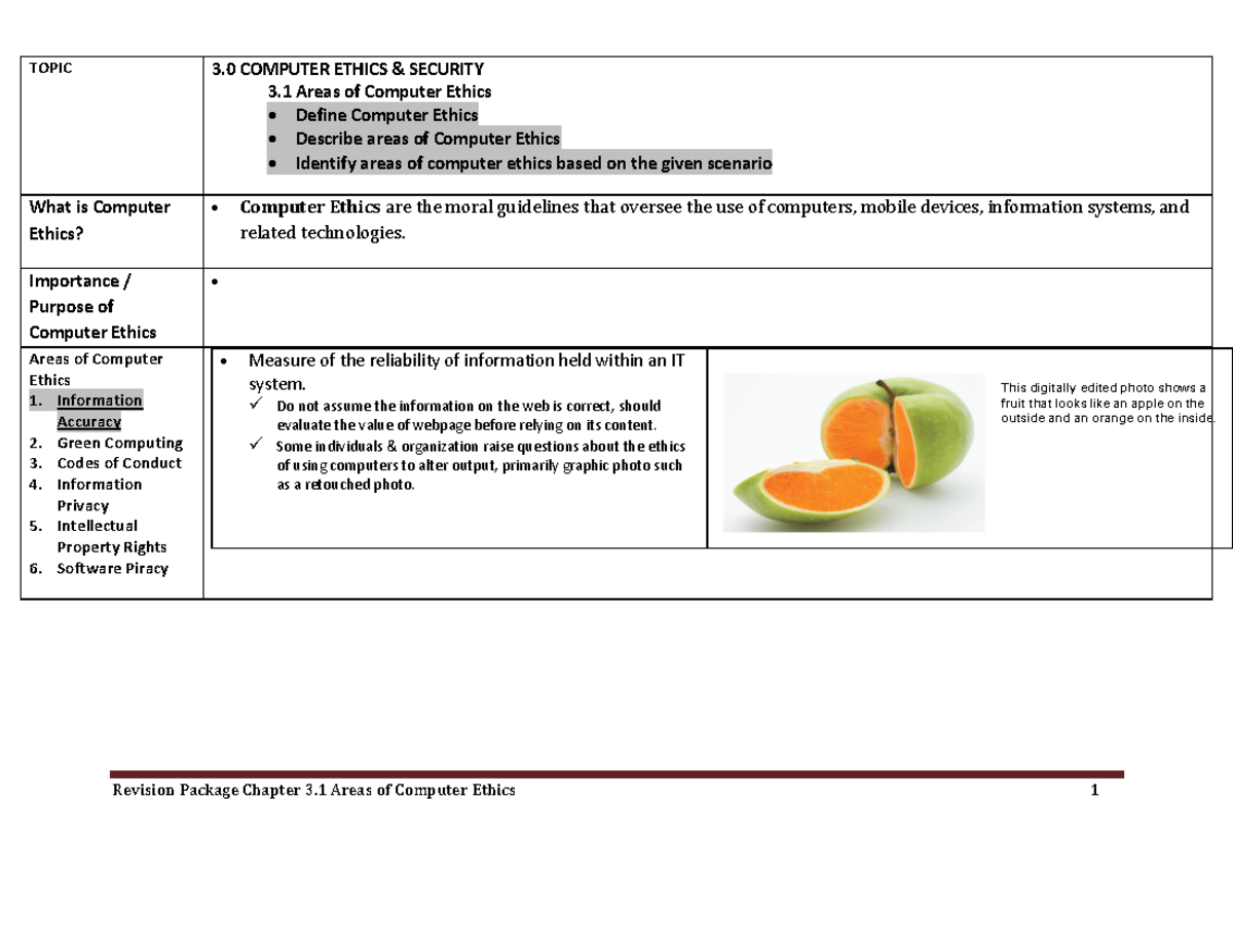 Smart Notes 3 - TOPIC 3 .0 COMPUTER ETHICS & SECURITY 3 Areas of ...