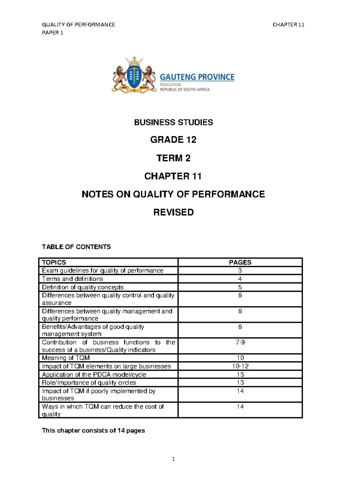 Grade 12 Business Studies: TQM Notes for Exam Preparation 2024 - Studocu