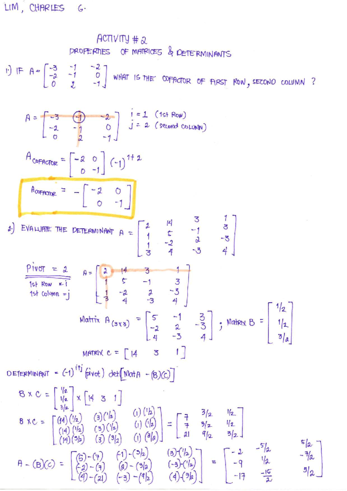 LIM 102 - Activity 2: Properties of Matrices & Determinants - Studocu