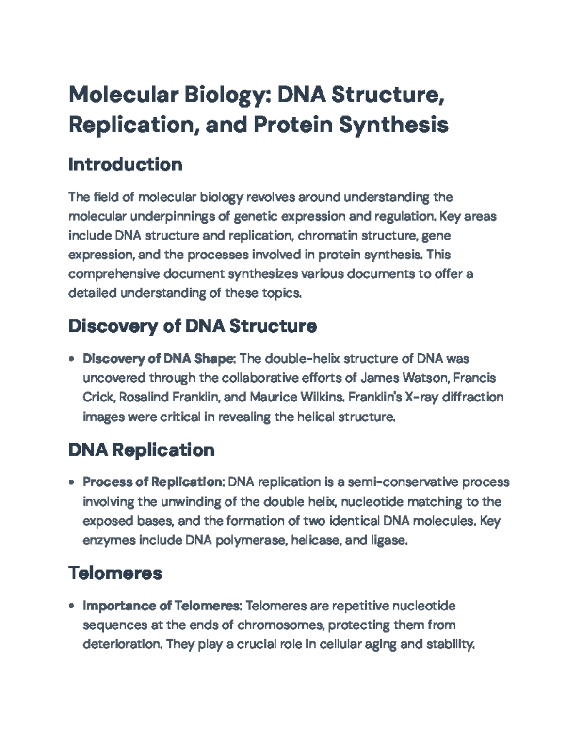Molecular Biology Concepts: DNA & Protein Synthesis Study Notes - Studocu