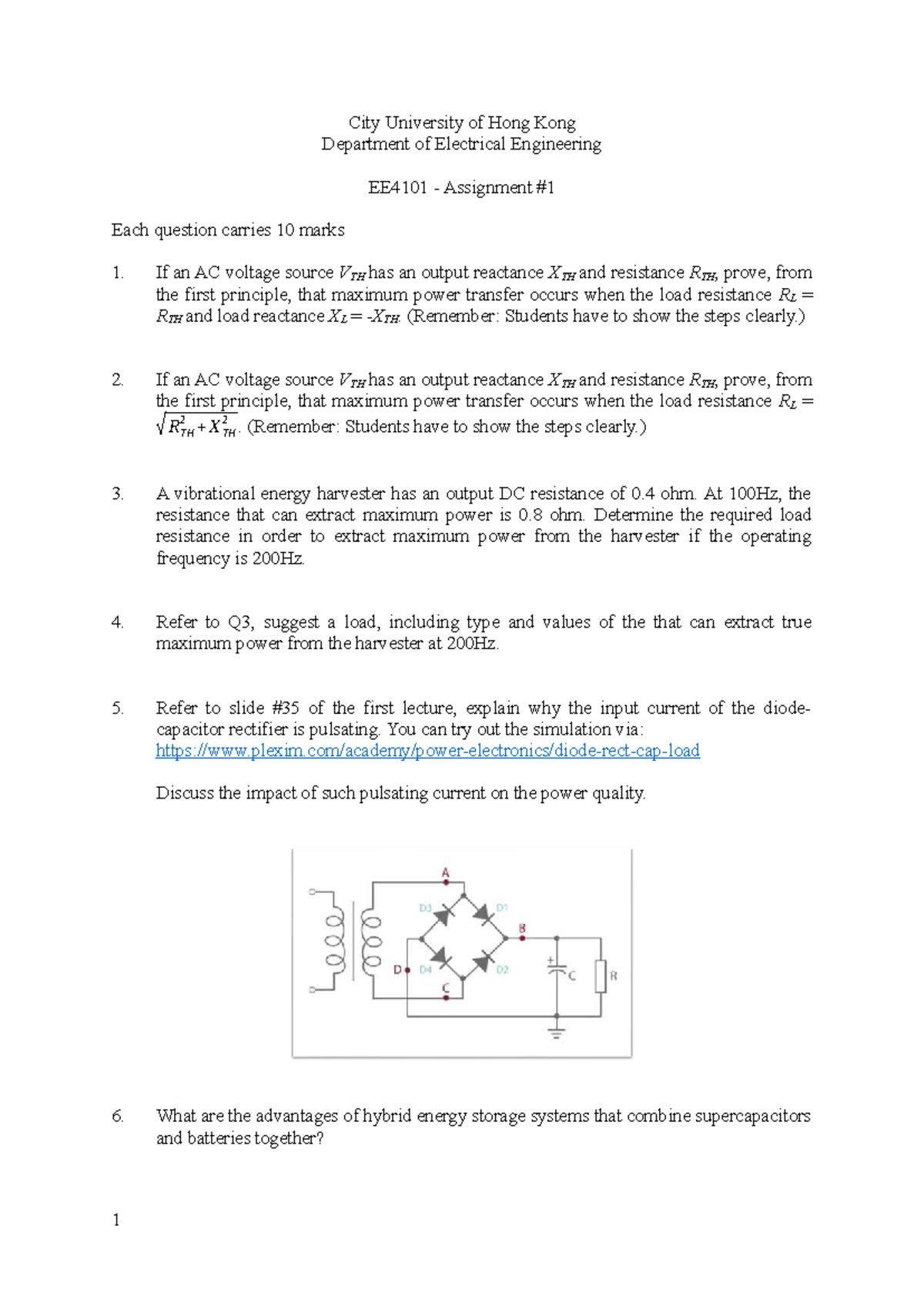 EE4101 Assignment: Maximum Power Transfer in AC Circuits - Studocu