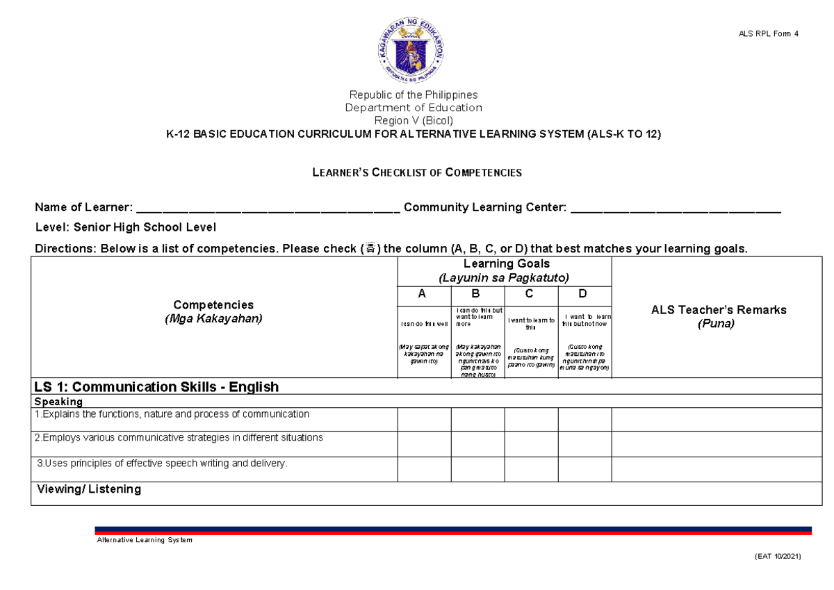 RPL Form 4: SHS Learner's Checklist of Competencies for ALS - Studocu