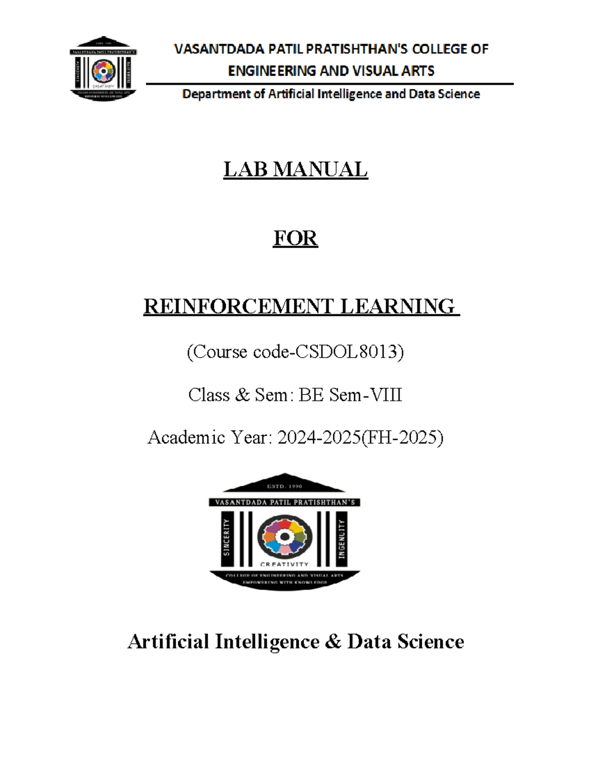 Reinforcement Learning Lab Manual - CSDOL8013 - Sem-VIII - Studocu