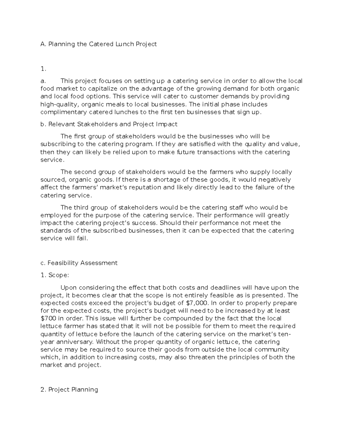 D079 Task 1 - Catering Service Project Planning and Feasibility ...