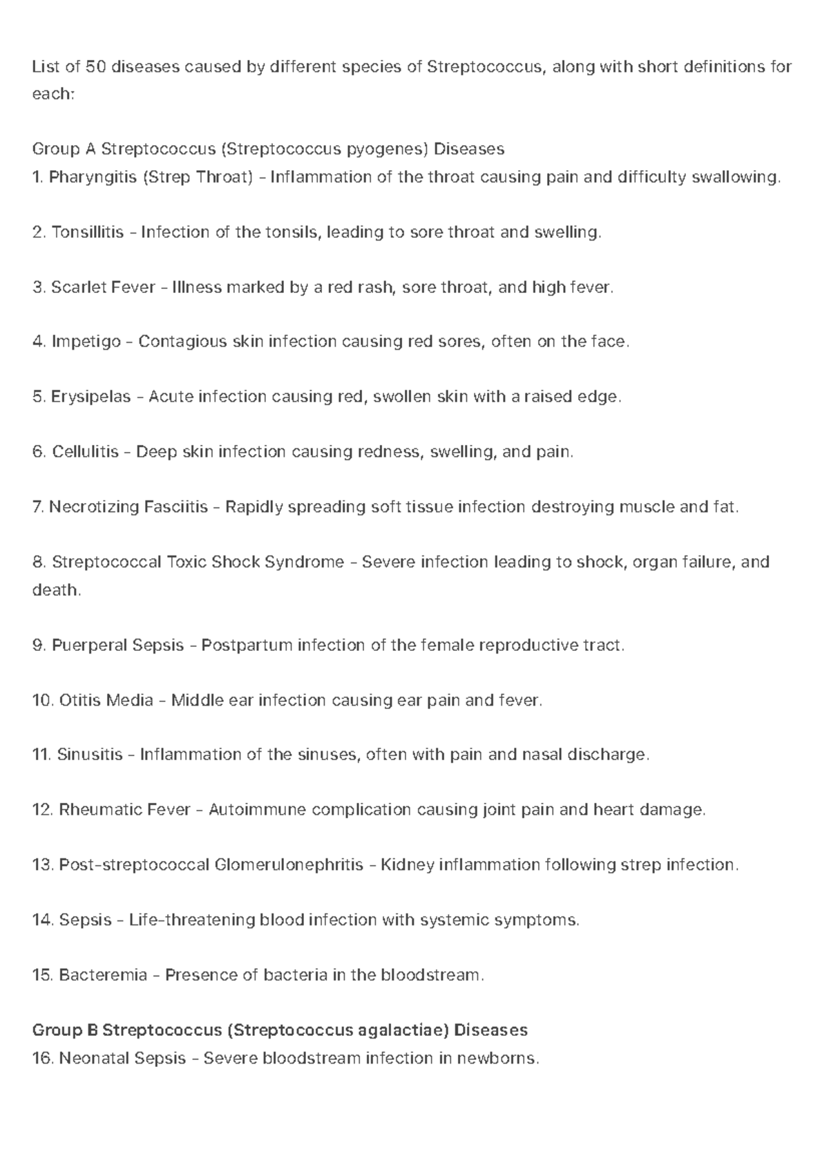 List of 50 Diseases Caused by Streptococcus Species: Definitions and ...