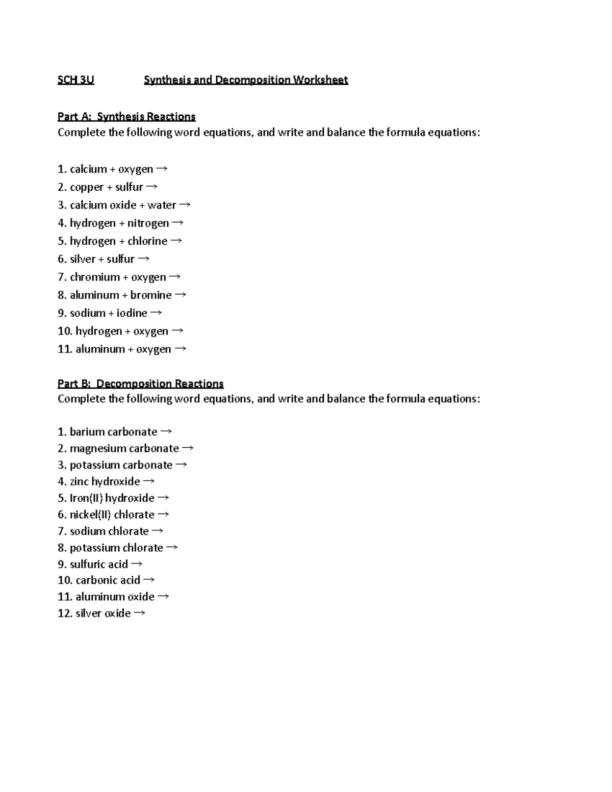 2.2.4 Synthesis Decomposition Worksheet - SCH 3U Synthesis and ...