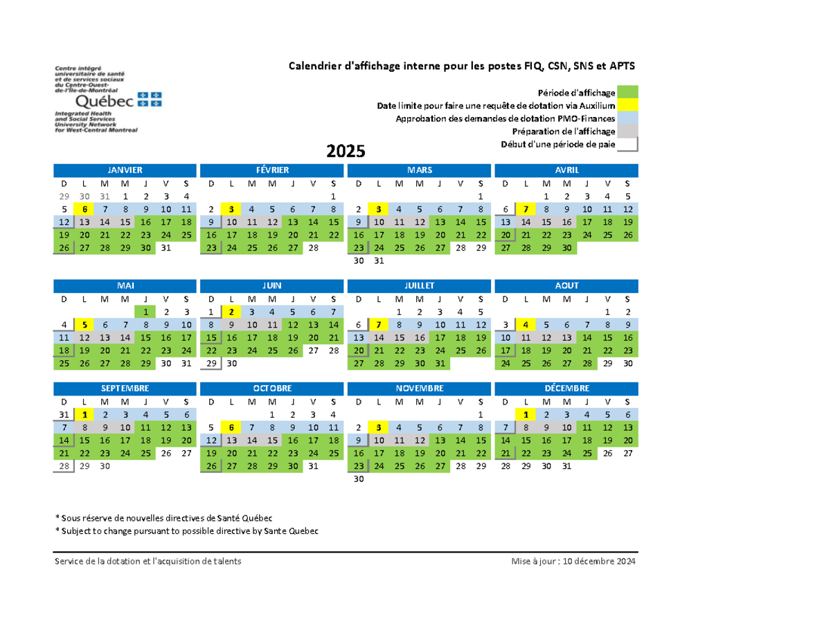 Calendrier d'affichage interne 2025 - FIQ, CSN, SNS, APTS - Studocu