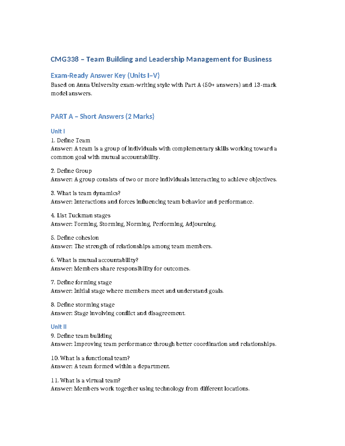 CMG338 Team Building & Leadership Management Exam Answer Key - Studocu