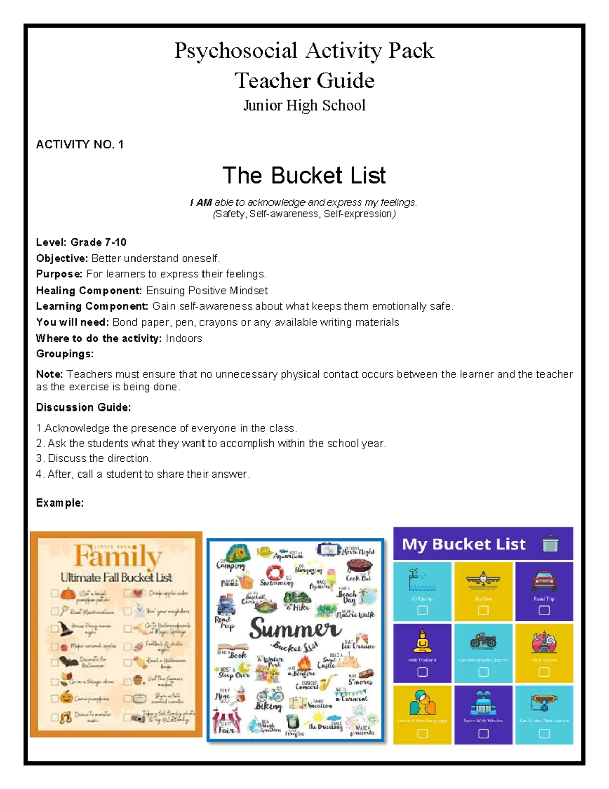 JHS Psychosocial Activity Pack Teacher Guide: Engaging Students ...