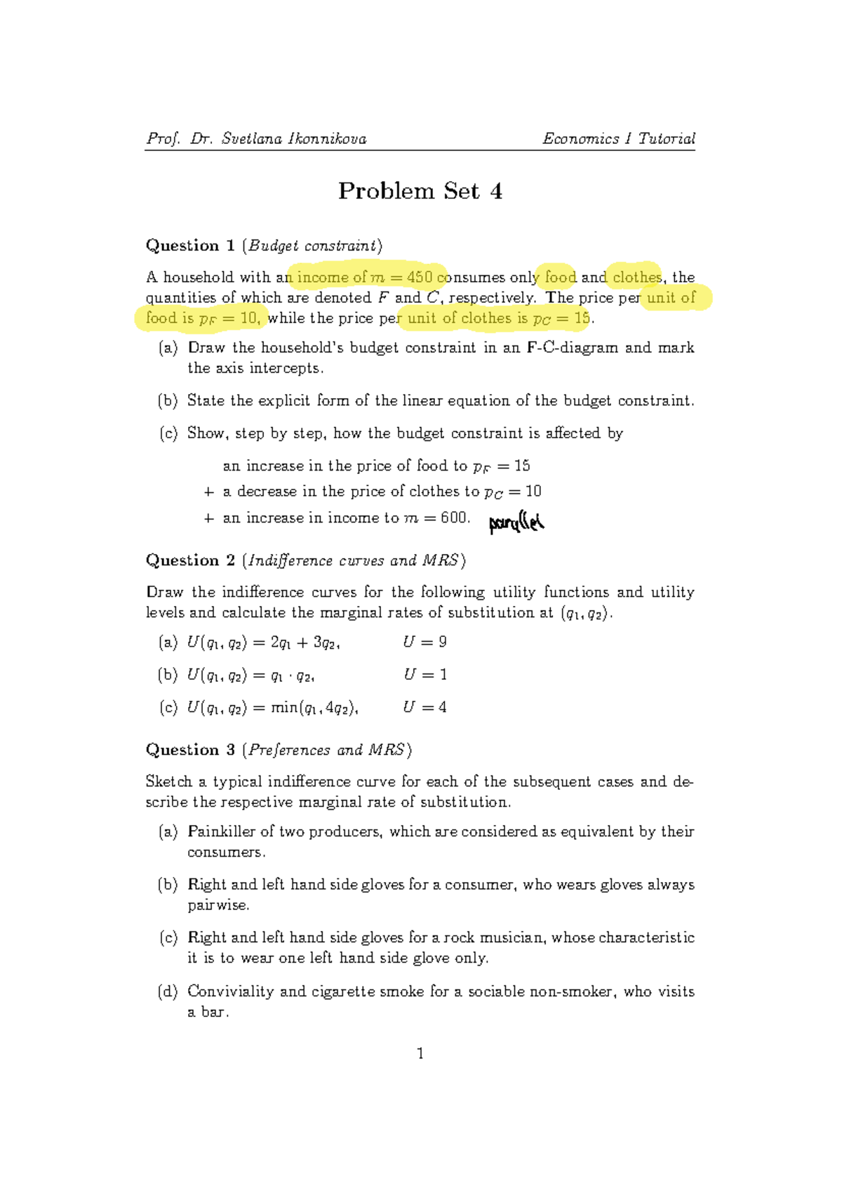 Economics I Tutorial Problem Set 4: Budget Constraints & MRS - Studocu