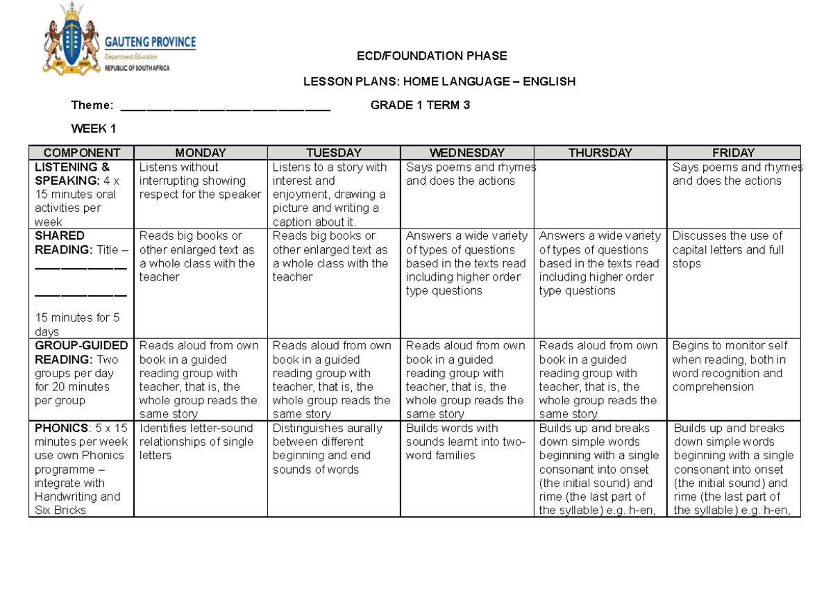 Lesson Plans EHL Grade 1 Term 3 - ECD/FOUNDATION PHASE LESSON PLANS ...