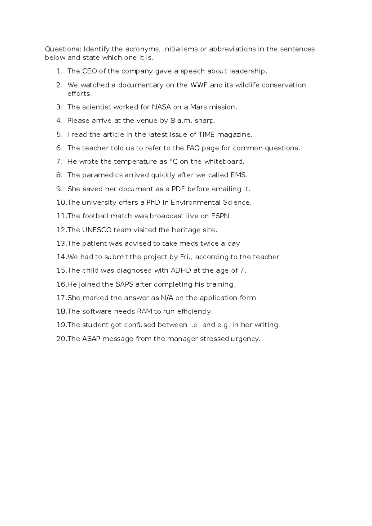 Initialism, Acronyms & Abbreviations Activity for Language Study - Studocu