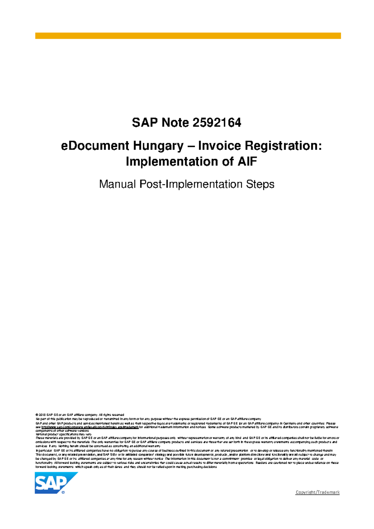 SAP Note 2592164: AIF Manual Steps for Hungary Invoice Registration ...
