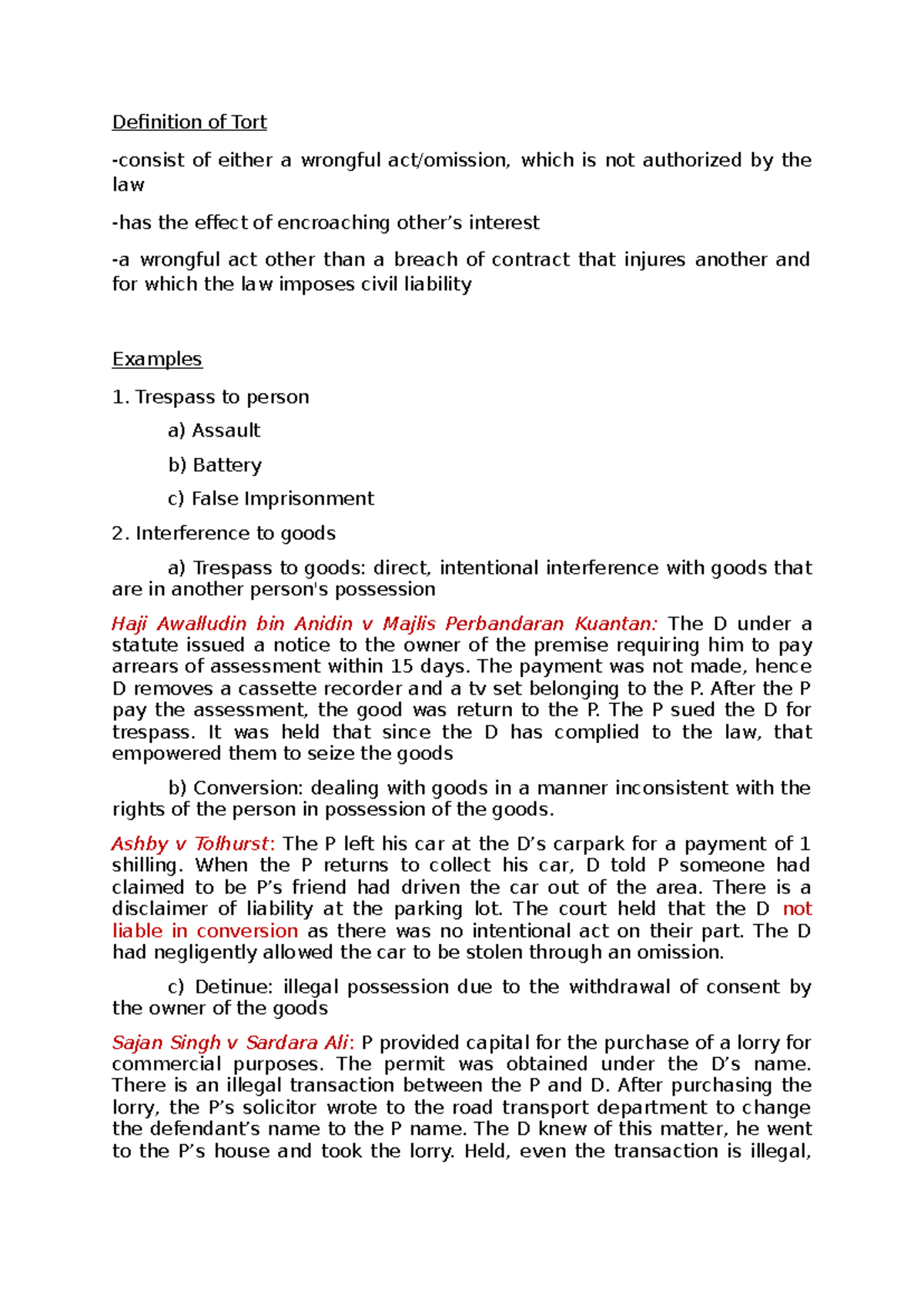 Tort Law Notes: Understanding Wrongful Acts and Liabilities - Studocu