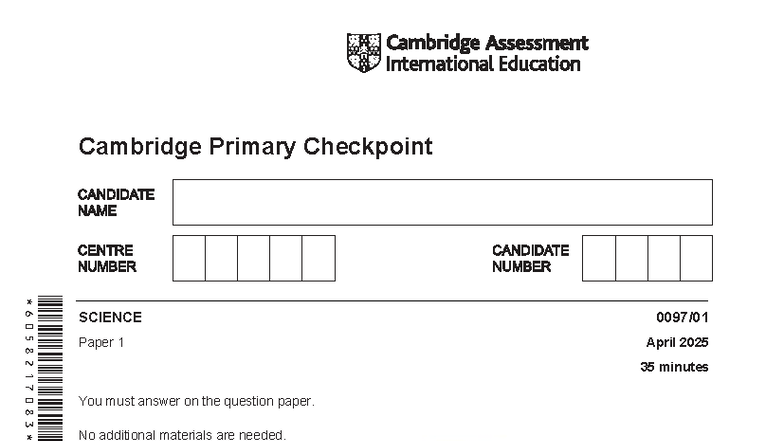 Cambridge Primary Checkpoint Science Paper 1 - April 2025 - Studocu