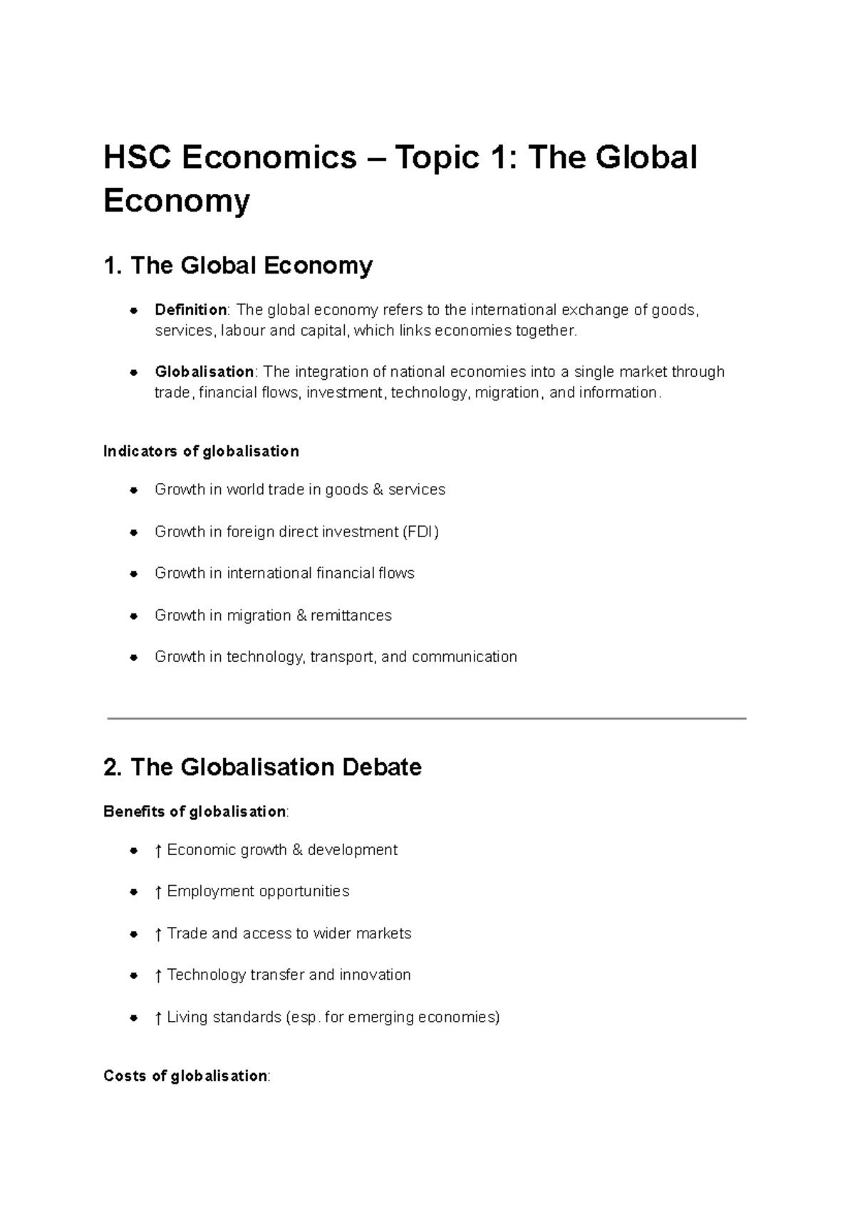 HSC Economics T1: Global Economy Overview and Key Concepts - Studocu