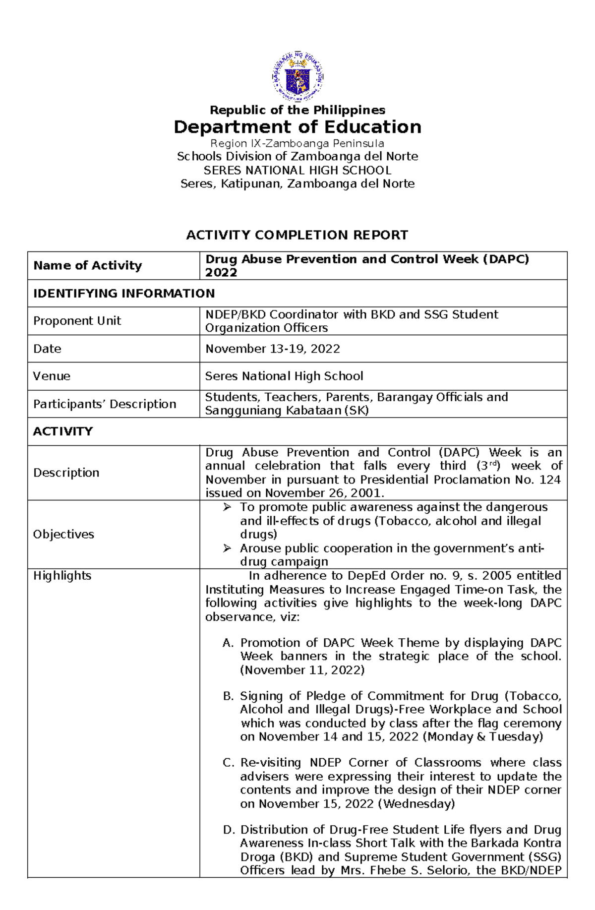 DAPC Week 2022 Activity Completion Report - Seres National High School ...