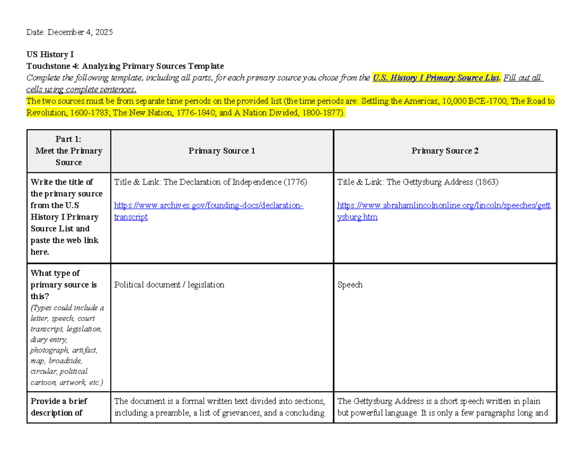 US History I Touchstone 4: Analyzing Primary Sources Template - Studocu