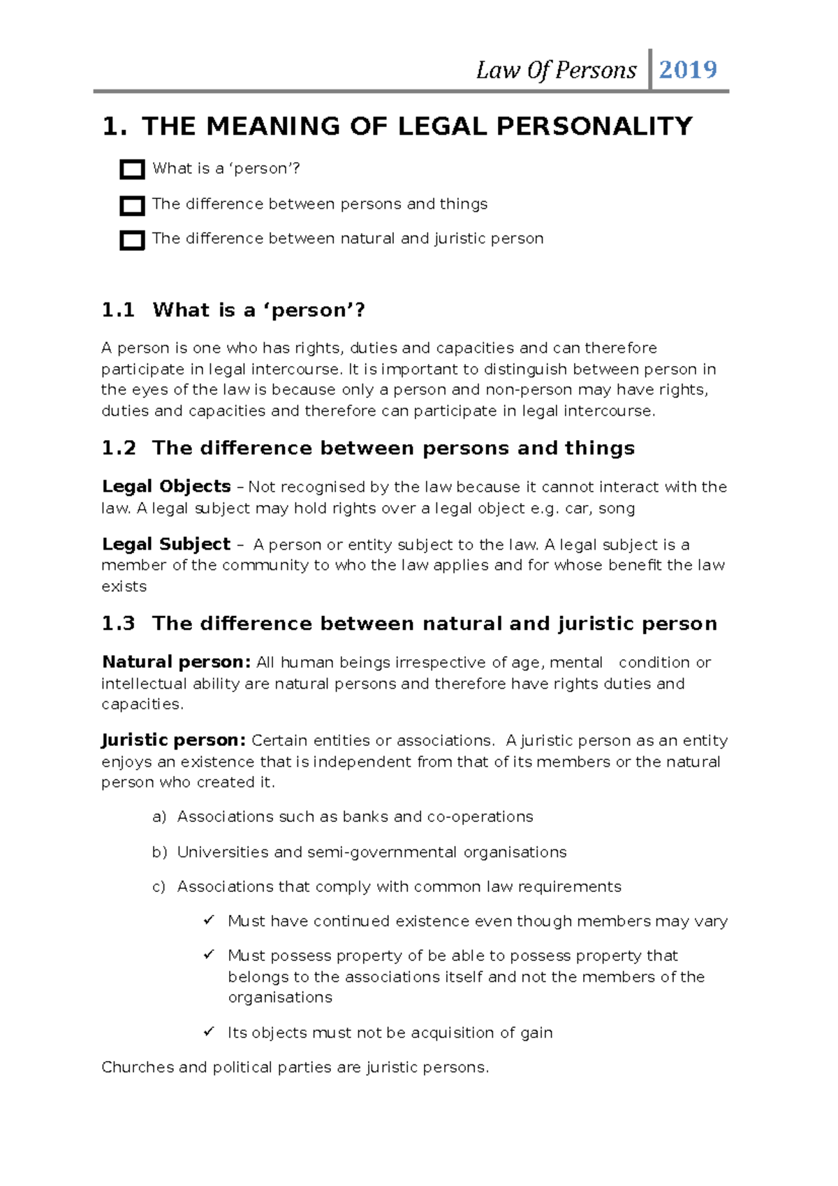Law Of Persons 2019: Understanding Legal Personality Concepts - Studocu