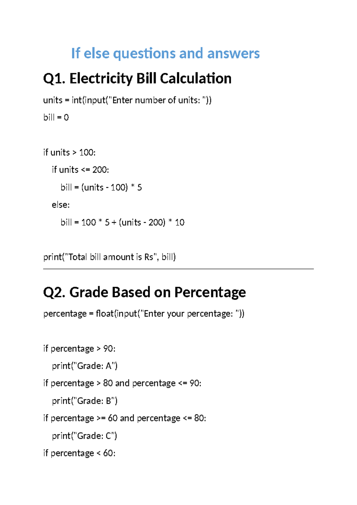 IF ELSE Questions & Answers - Python Programming Guide - Studocu