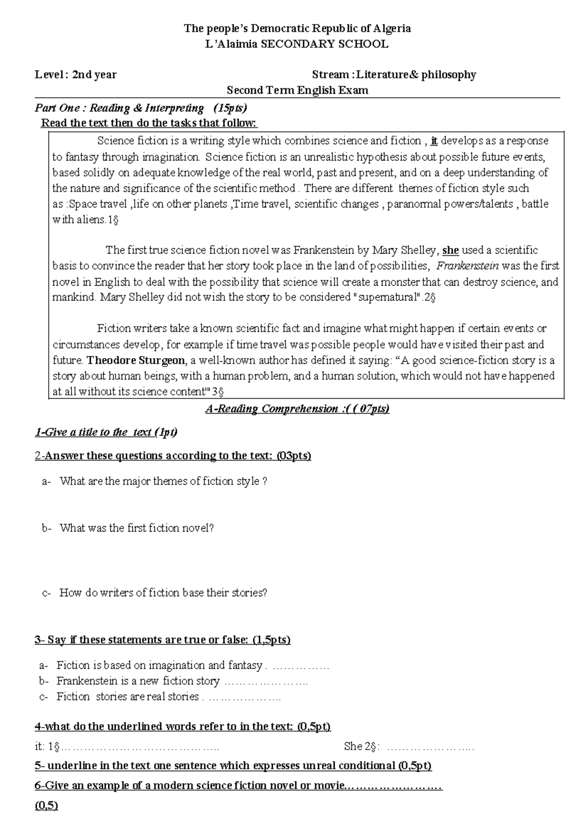 Topic A - 2nd Year Philosophy English Exam: Science Fiction Analysis ...