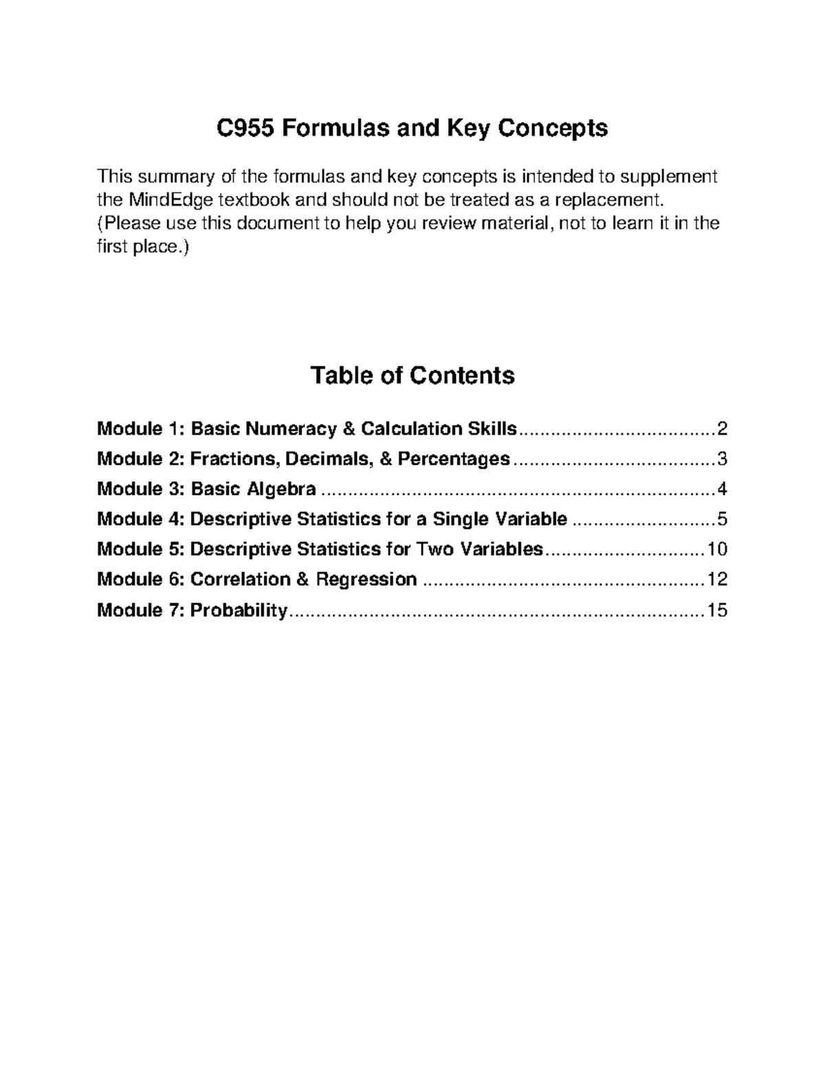 C955 Formulas and Key Concepts - (Please use this document to help you review material, not to ...