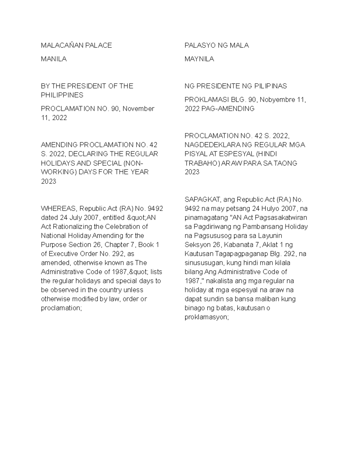 Proklamasyon Blg. 90: Pagsasaayos ng Holiday para sa Taong 2023 - Studocu