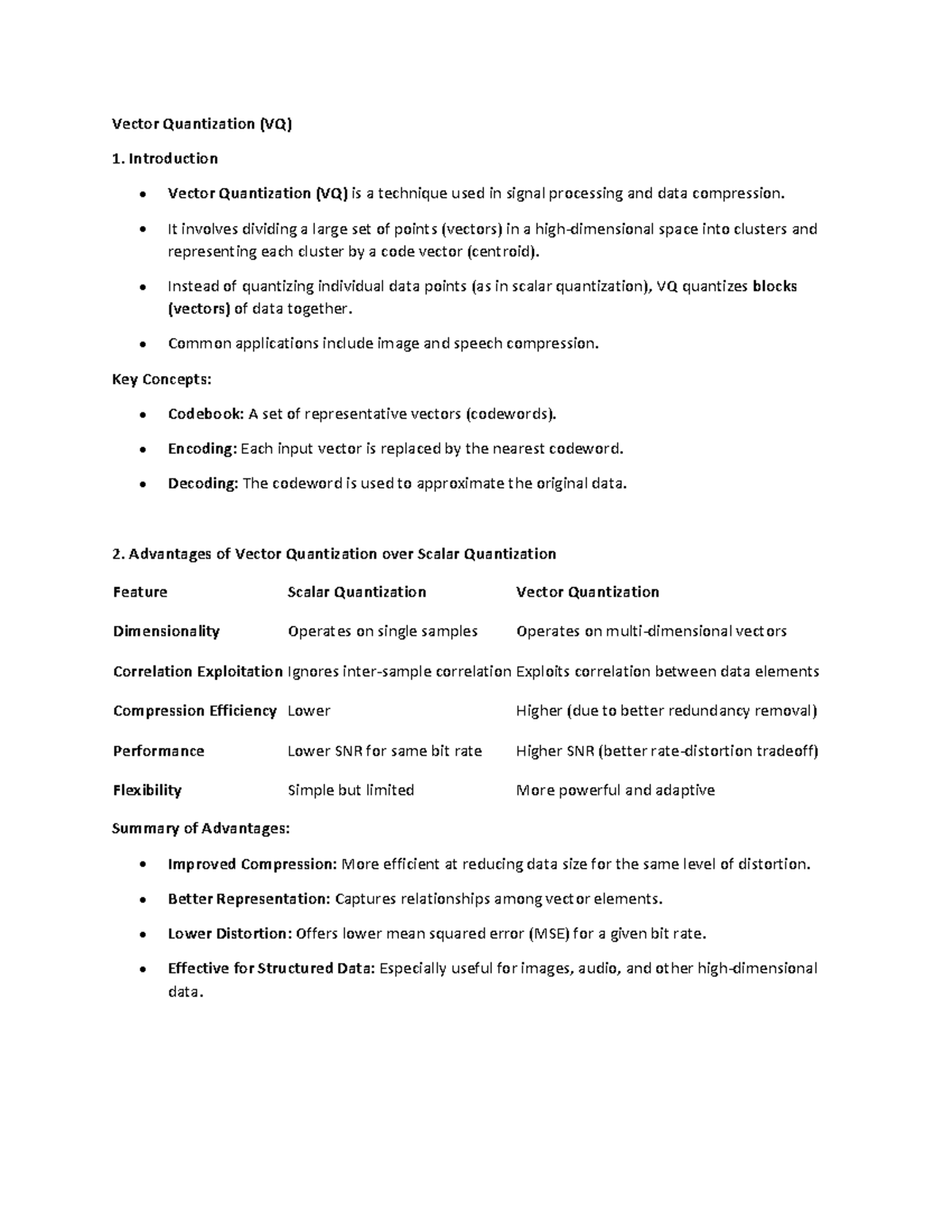 Vector Quantization (VQ) - Key Concepts and Advantages Overview - Studocu