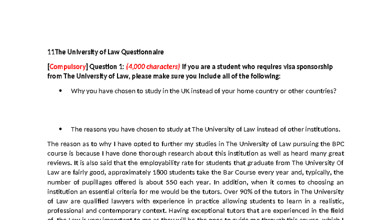 11The University of Law BPC Course Application Questionnaire - Studocu