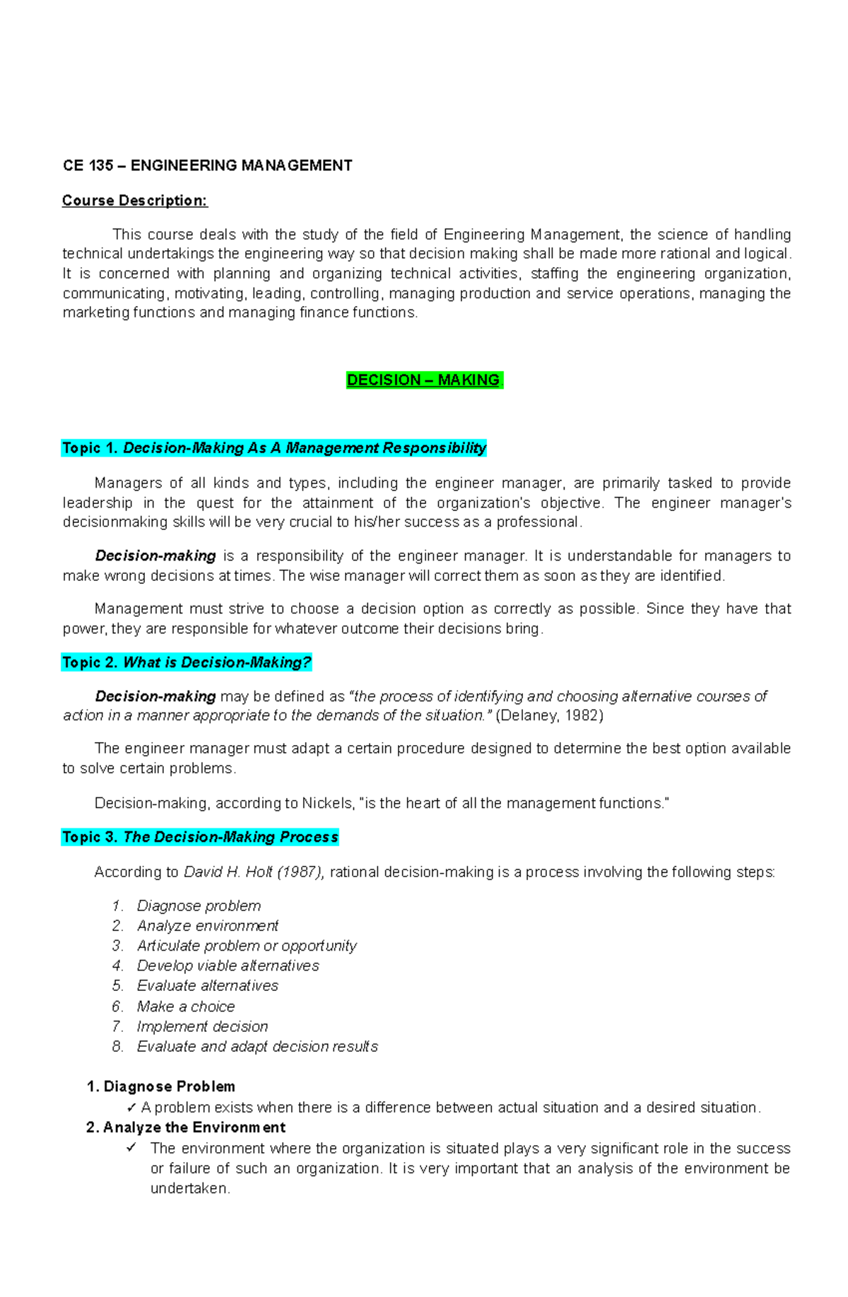 CE 135 - Engineering Management: Decision-Making Essentials - Studocu