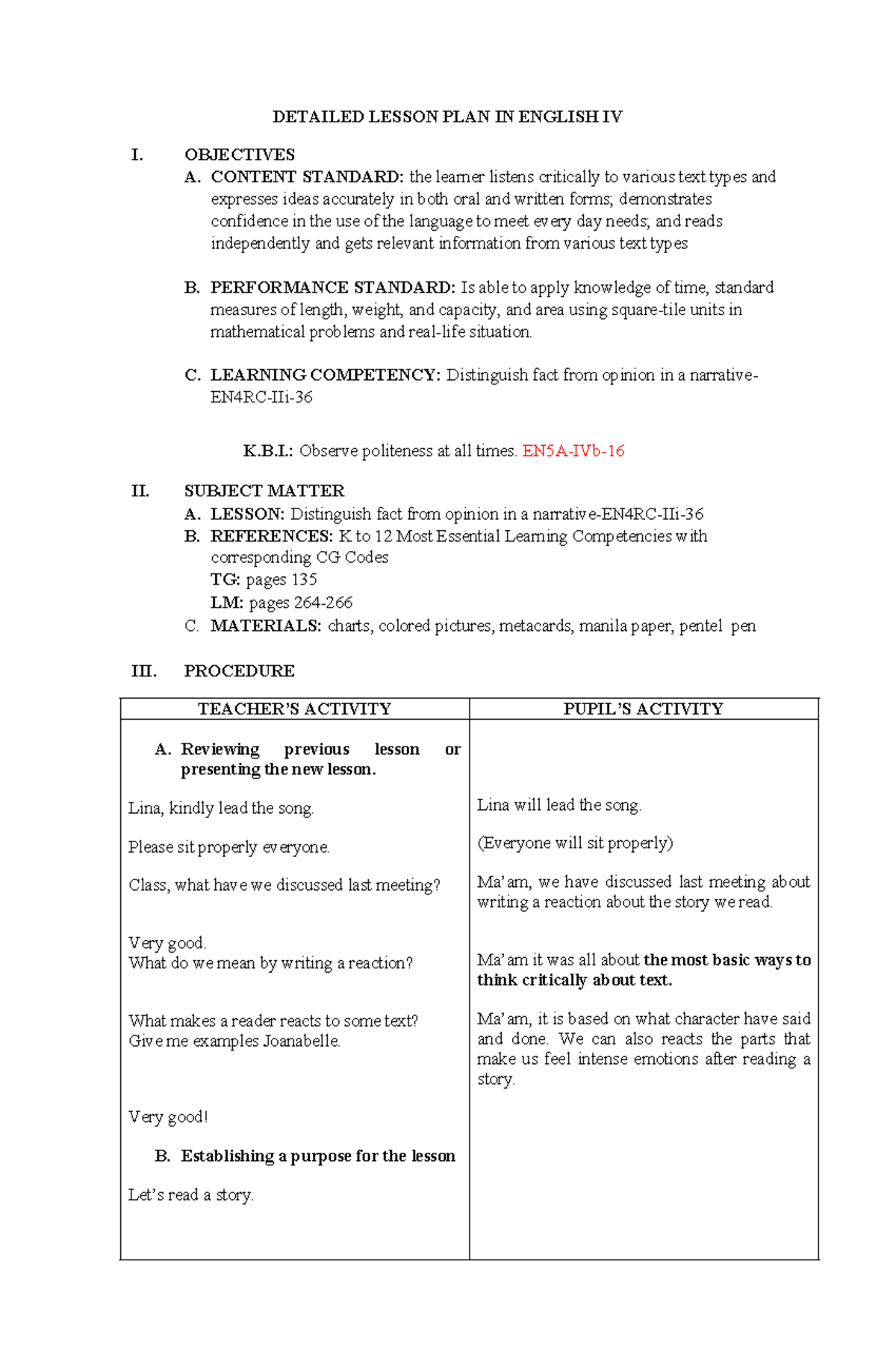 Detailed Lesson Plan for English IV: Distinguishing Fact from Opinion ...