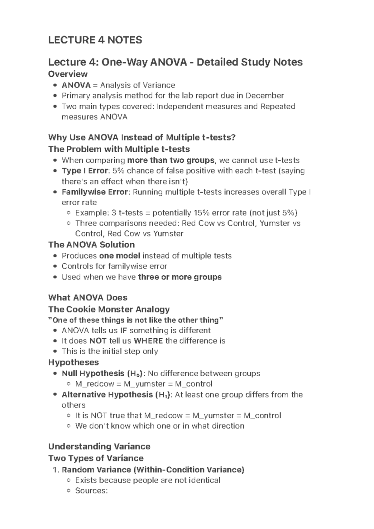 LECTURE 4 NOTES: Detailed Study on ANOVA Techniques - Studocu