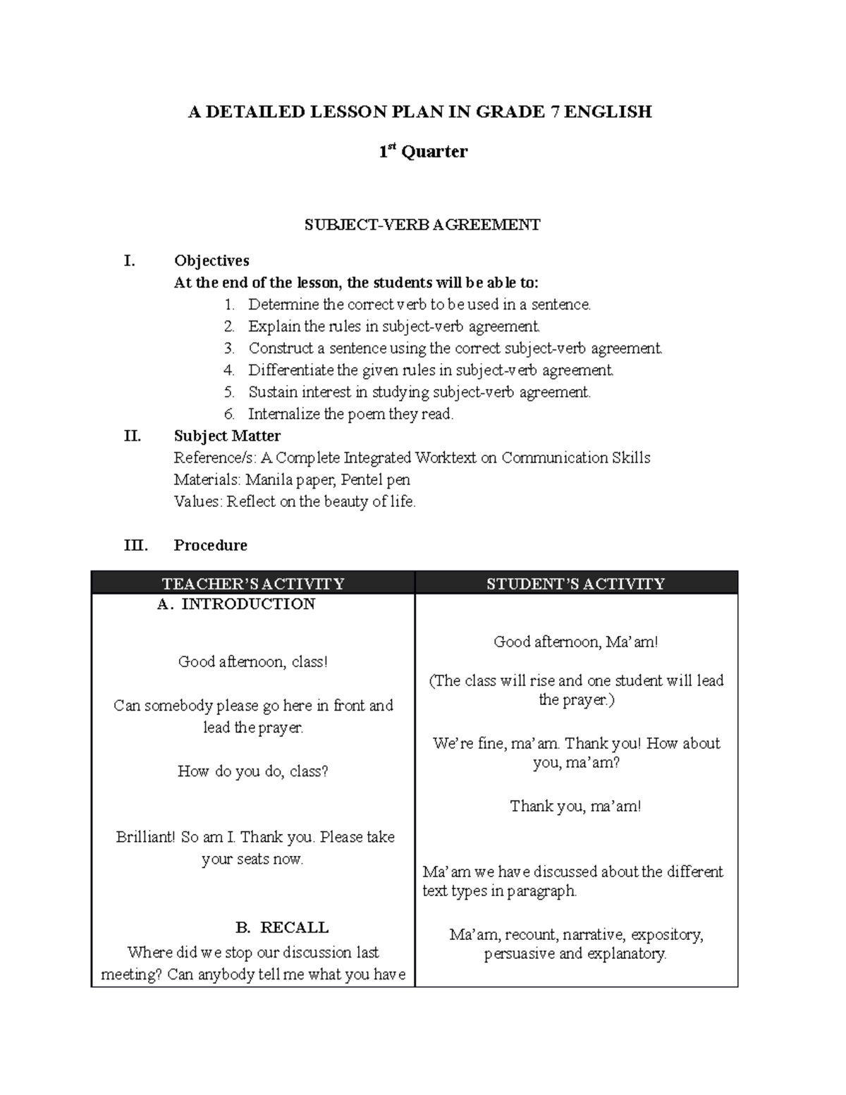 Sv - Grade 7 English Lesson Plan on Subject-Verb Agreement - Studocu