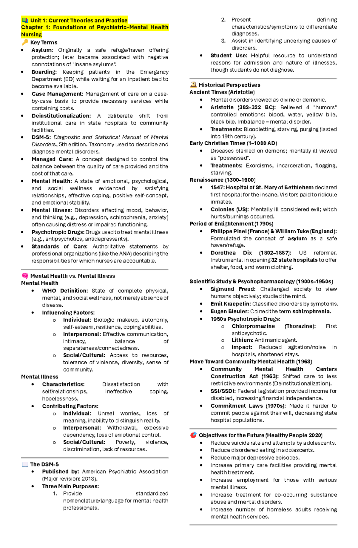 Psychiatric Nursing Unit 1 & 2: Key Concepts and Theories - Studocu