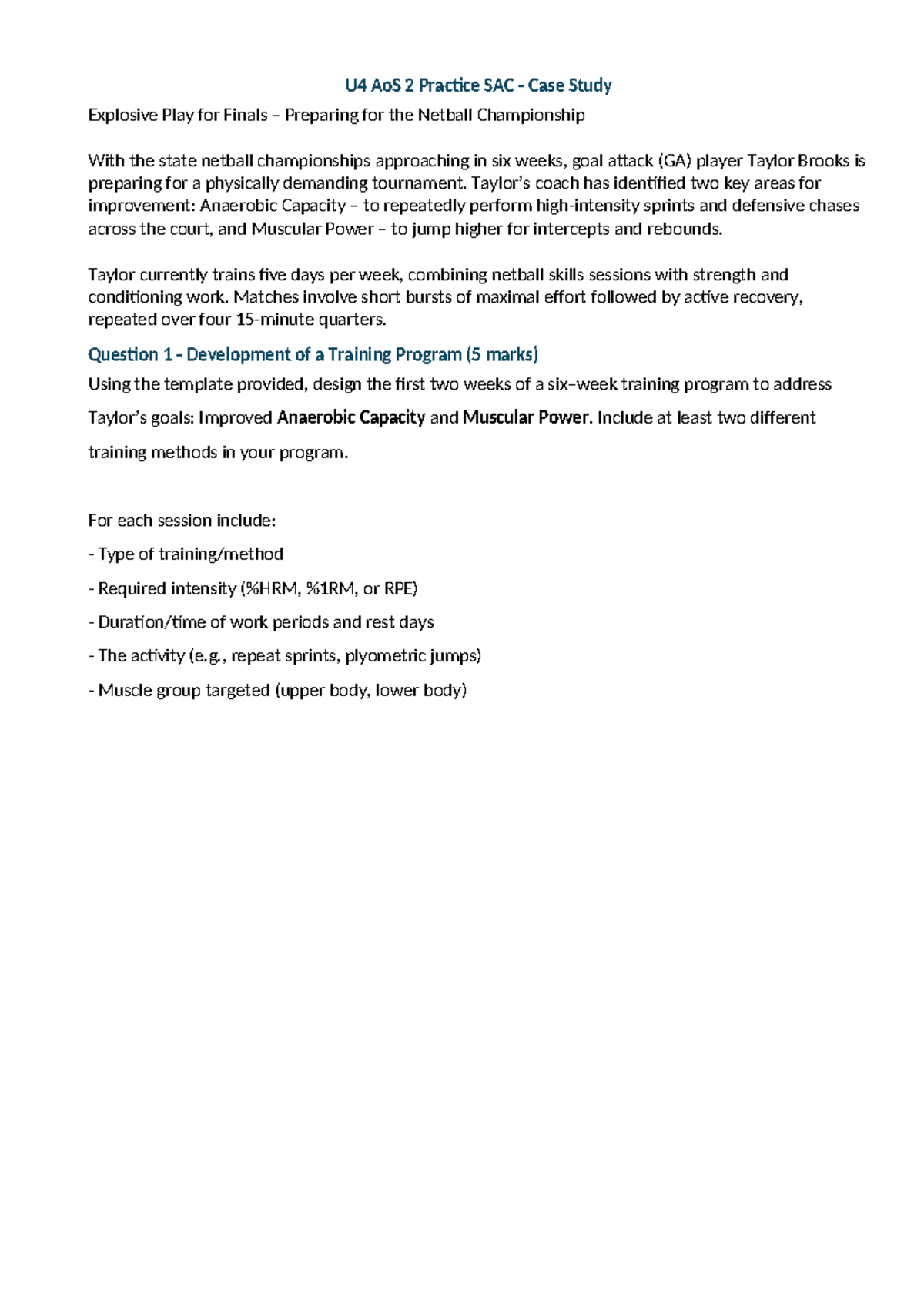 U4 AoS 2 Practice SAC Case Study: Netball Championship Prep - Studocu
