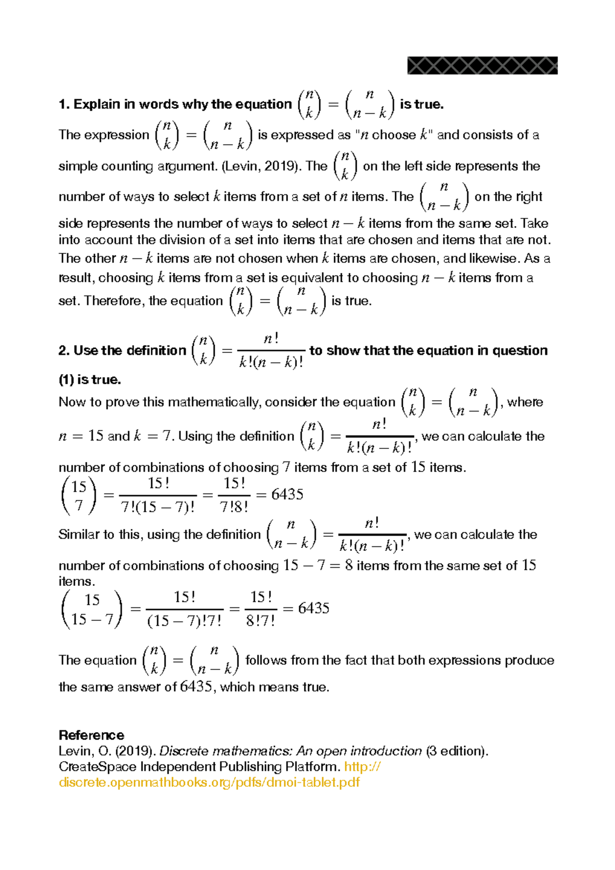 MATH1302 Discussion Assignment: Combinatorial Proof of nCk = nCn-k ...
