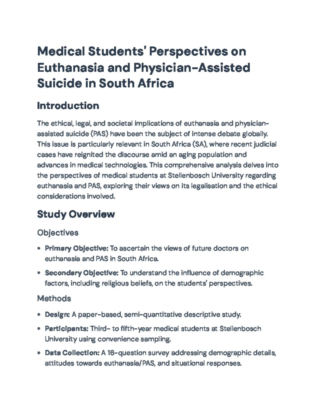 Medical Students’ Insights on Euthanasia & PAS in South Africa: A Study ...