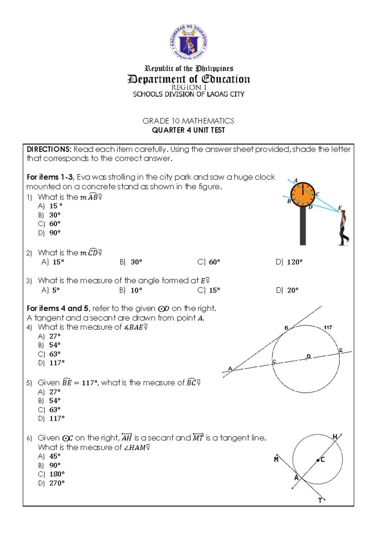 MATH Grade 10 Q4 UT(school) - GRADE 10 MATHEMATICS QUARTER 4 UNIT TEST ...