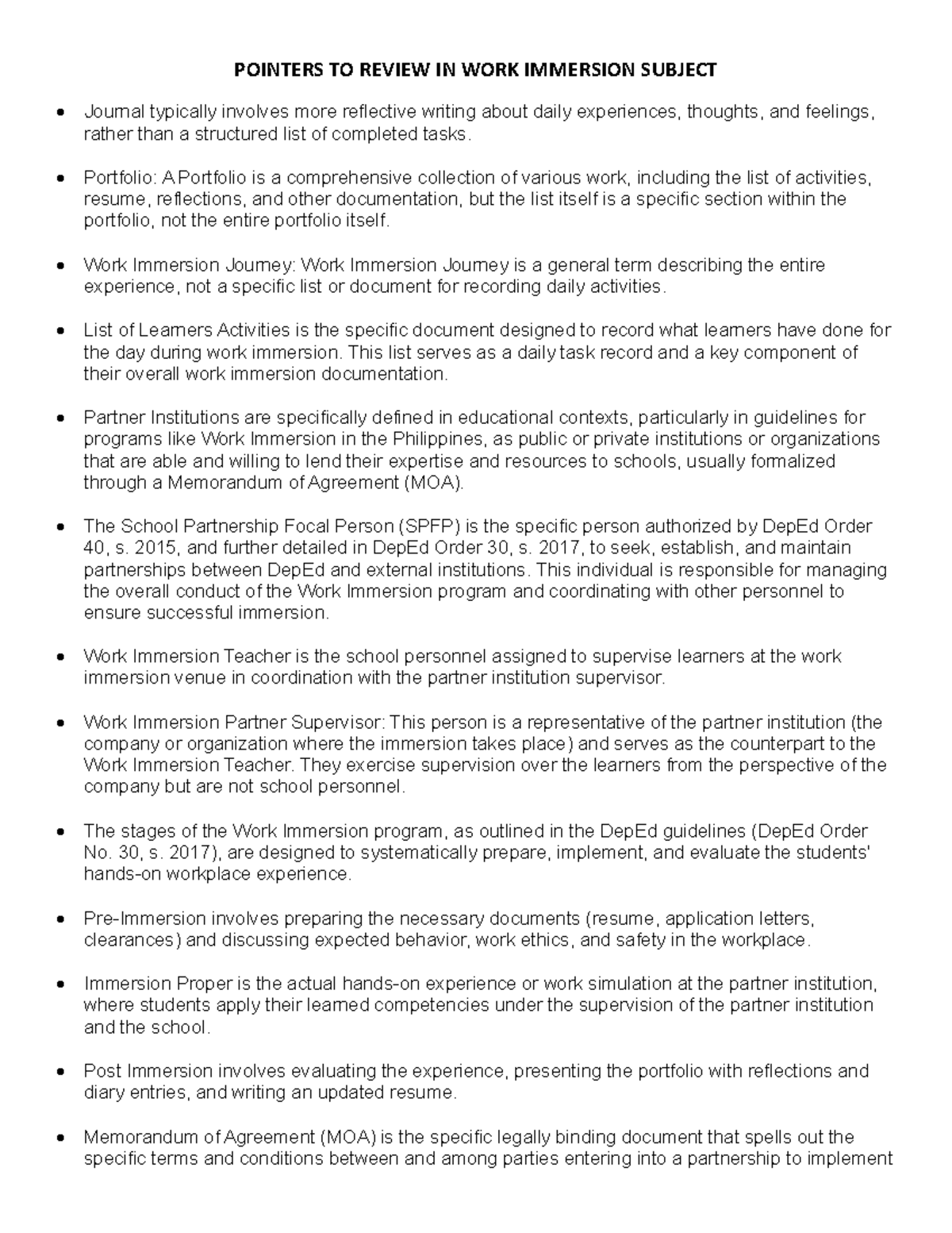 WORK Immersion Reviewer: Key Concepts and Guidelines for SHS - Studocu