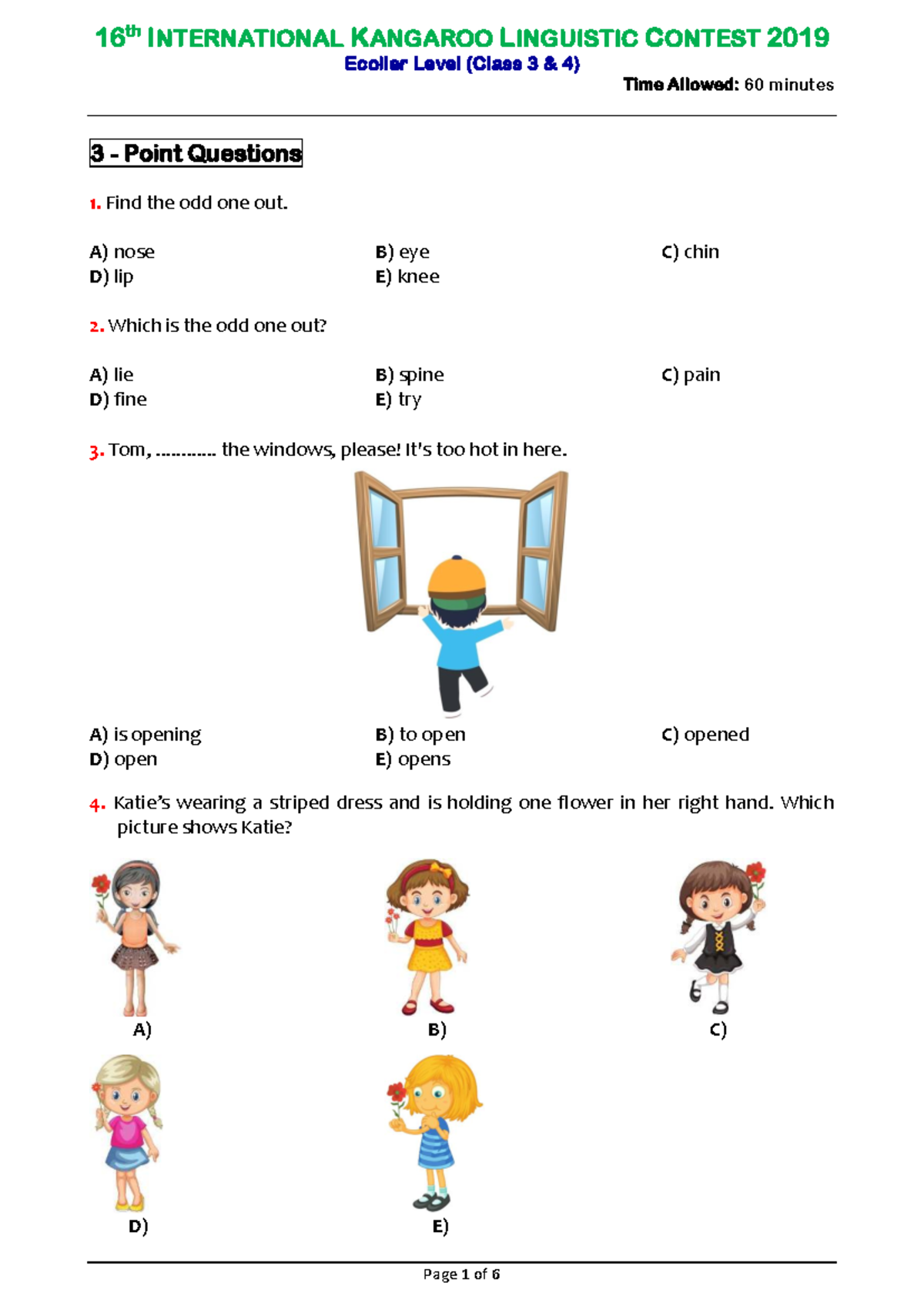 16th INTERNATIONAL KANGAROO LINGUISTIC CONTEST 2019 Ecolier Level Quiz ...