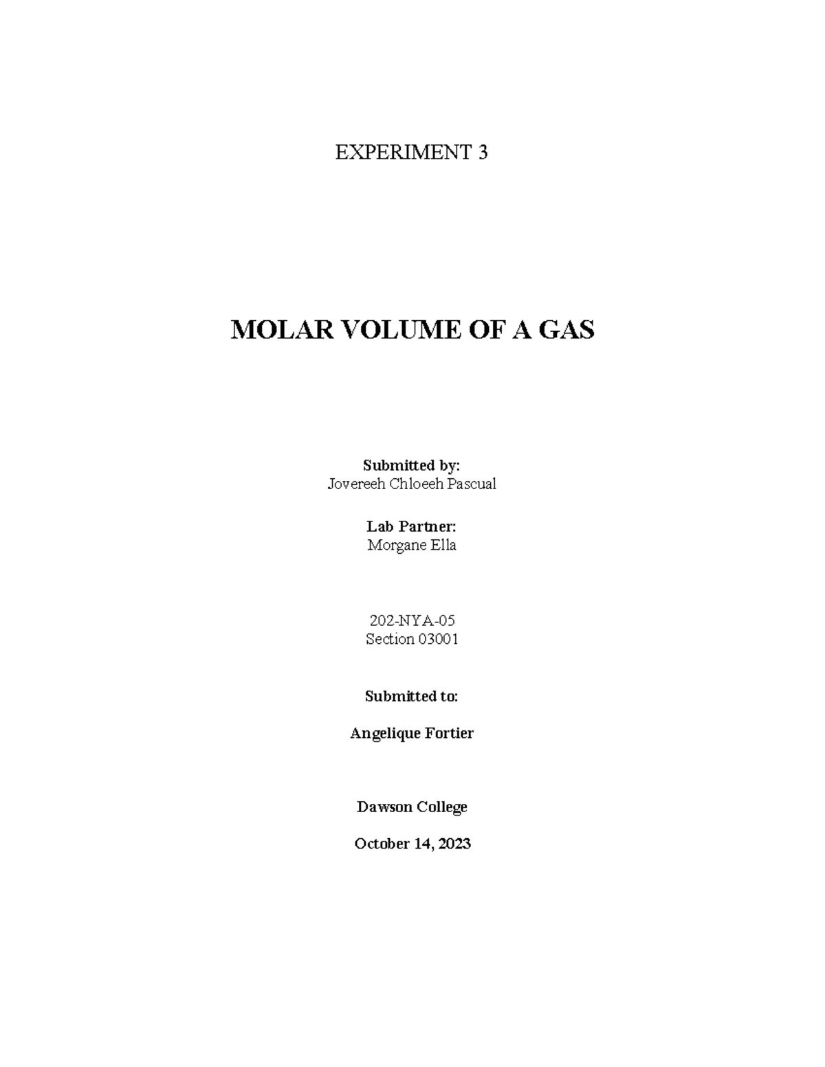 Molar Volume of Hydrogen Gas - Lab Report (202-NYA-05) - Studocu