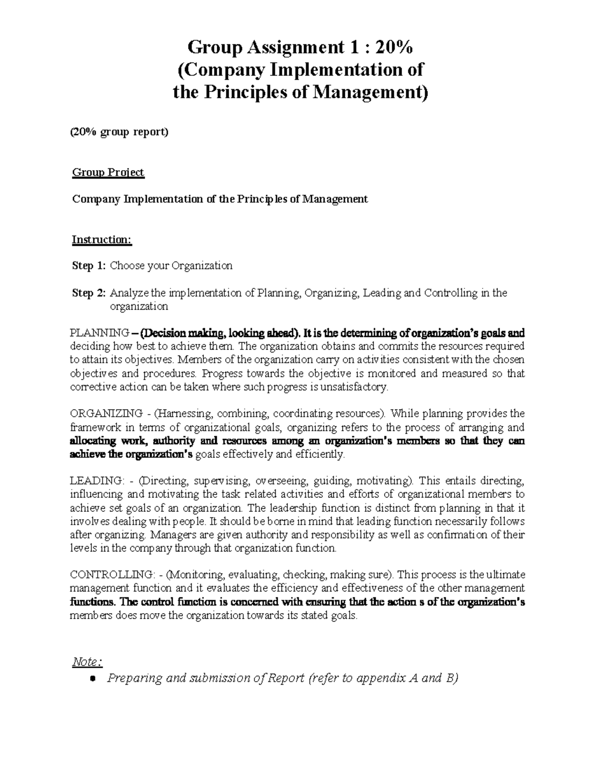 Group Project Report: Company Implementation of Management Principles ...