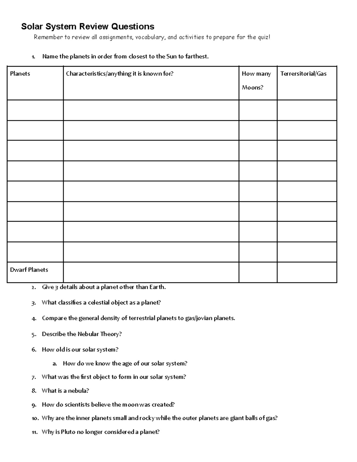 Solar System Review Quiz Questions and Key Concepts - Studocu