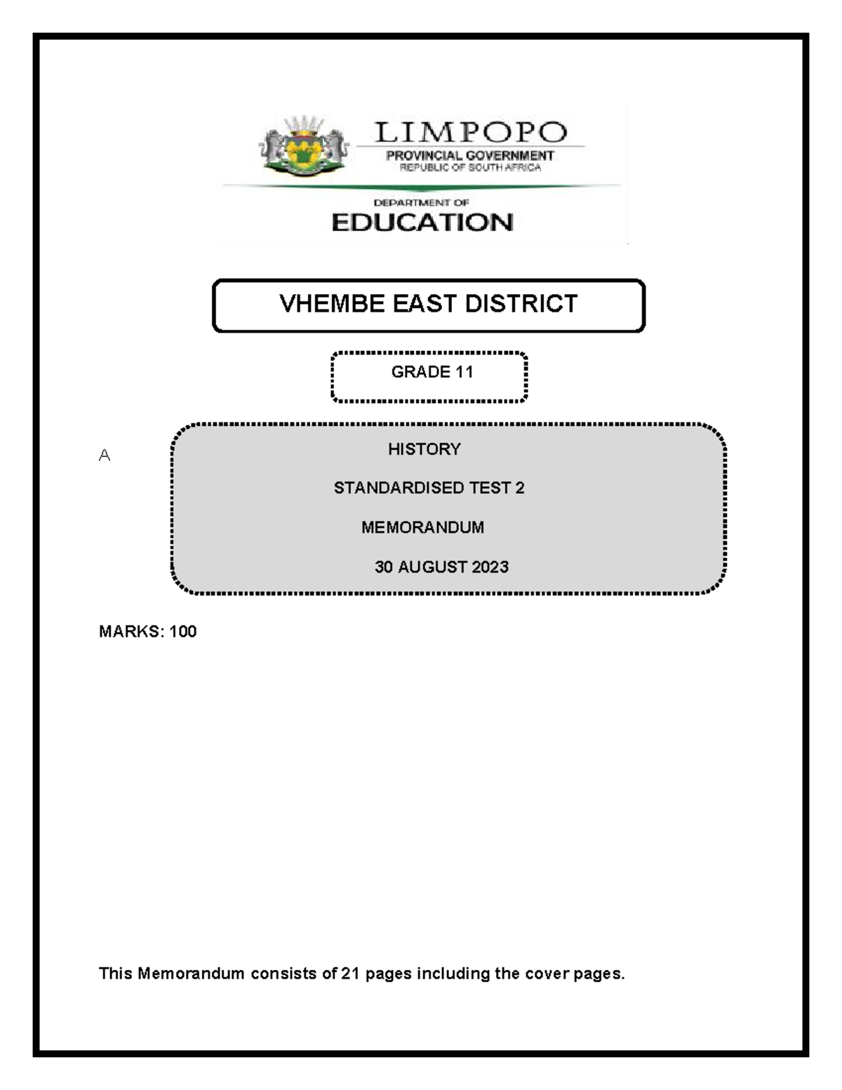 Grade 11 History Standardised Test 2 Memorandum - 30 Aug 2023 - Studocu